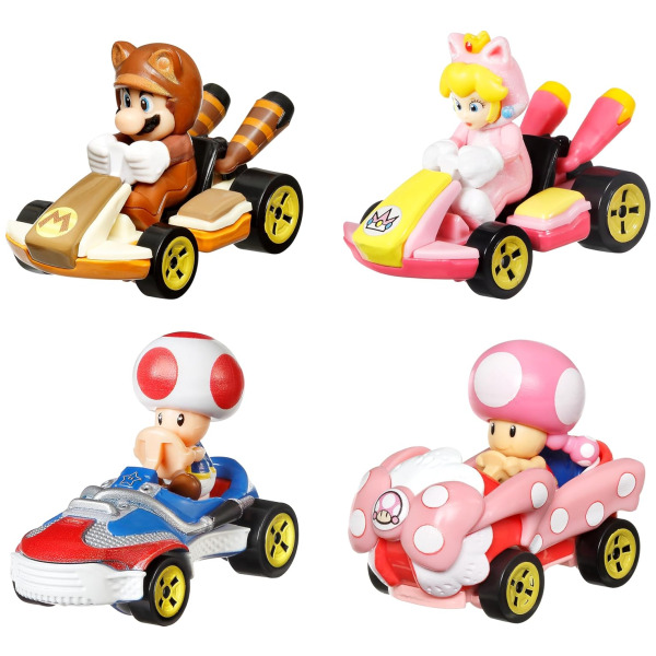 Hot Wheels Mario Kart-Tanooki Mario,Cat Peach,Toad & Toadette Diecast ...