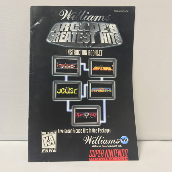 WILLIAMS ARCADES GREATEST HITS MANUAL - - PNP Games Online Store